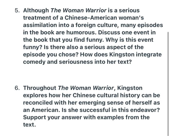Solved anyone that has read the novel the woman warrior | Chegg.com