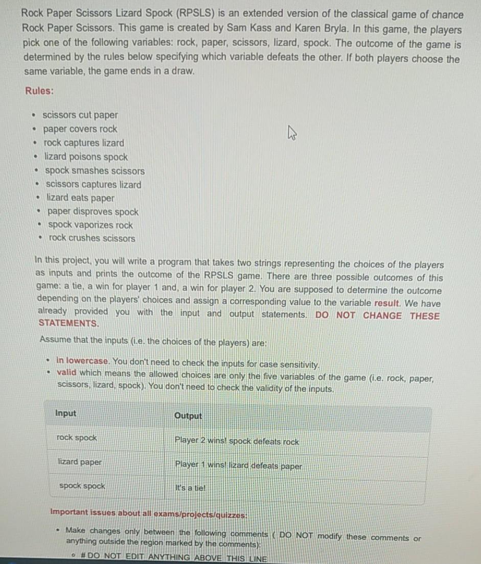 Solved Rock Paper Scissors Lizard Spock (RPSLS) is an | Chegg.com