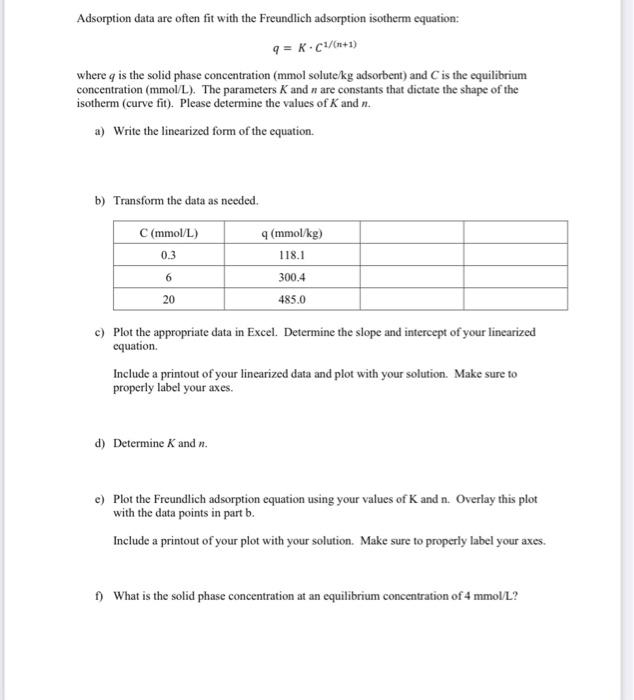 Solved Adsorption data are often fit with the Freundlich | Chegg.com