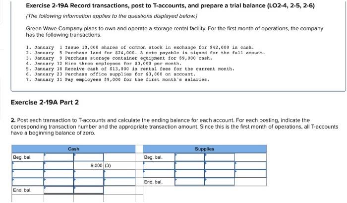 Solved Exercise 2-19A Record transactions, post to | Chegg.com