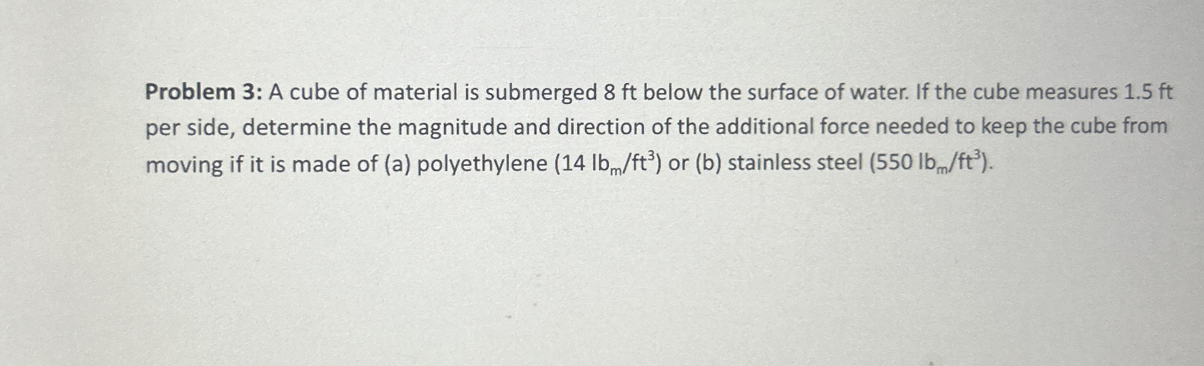Solved Problem 3: A cube of material is submerged 8 ﻿ft | Chegg.com