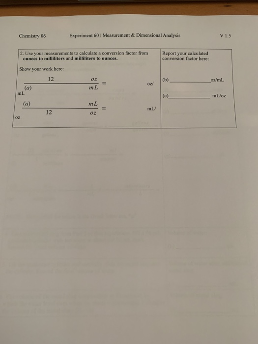 V 1.5 Chemistry 06 Experiment 601 Measurement & | Chegg.com