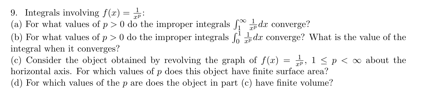Solved Integrals involving f(x)=1xp ﻿:(a) ﻿For what values | Chegg.com