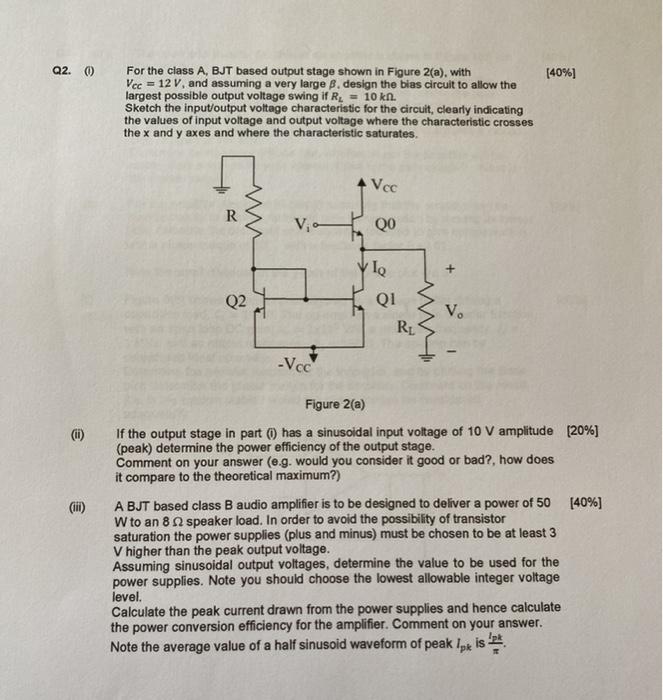 Solved (40%) Q2. () For the class A, BJT based output stage | Chegg.com