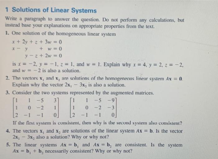 Solved 1 Solutions of Linear Systems Write a paragraph to | Chegg.com
