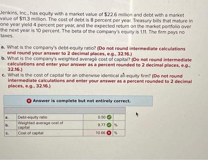 Solved Jenkins, Inc., has equity with a market value of | Chegg.com