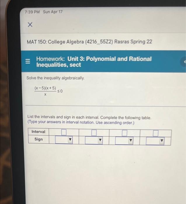 Solved 7:37 PM Sun Apr 17 x MAT 150: College Algebra | Chegg.com