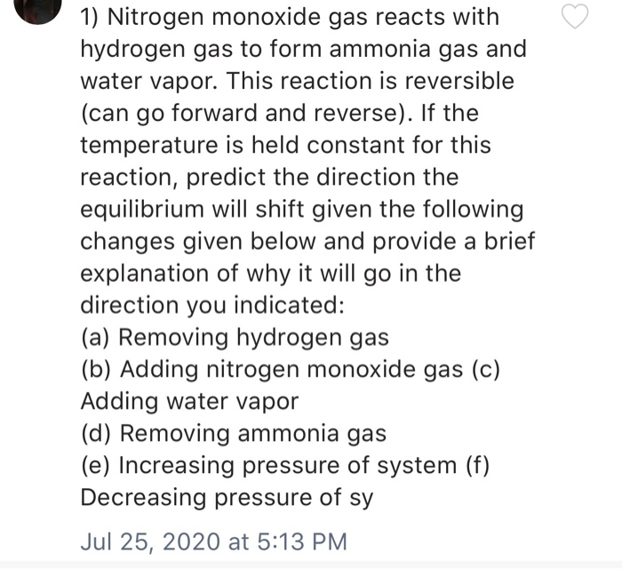 Solved 1) Nitrogen monoxide gas reacts with hydrogen gas to | Chegg.com