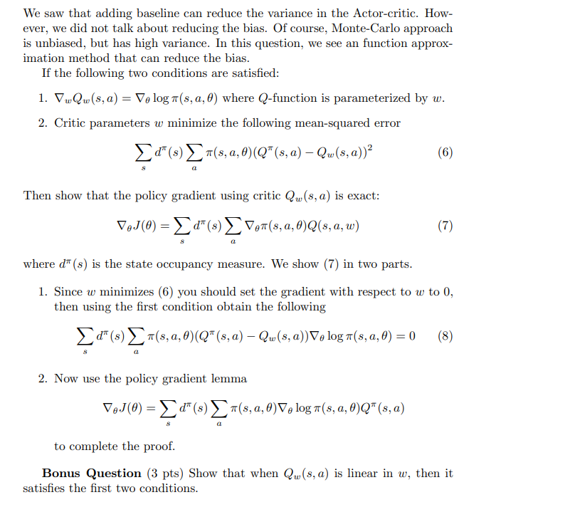 Solved we saw that adding baseline can reduce the variance | Chegg.com