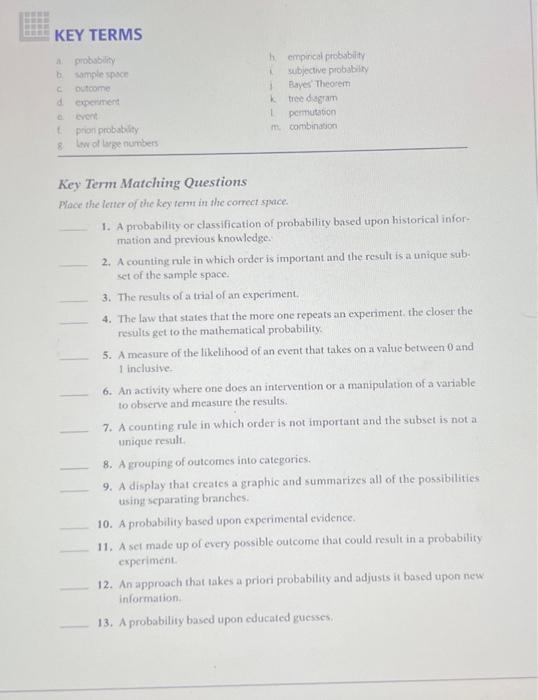Solved Key Term Matching Questions Phace the letter of the | Chegg.com