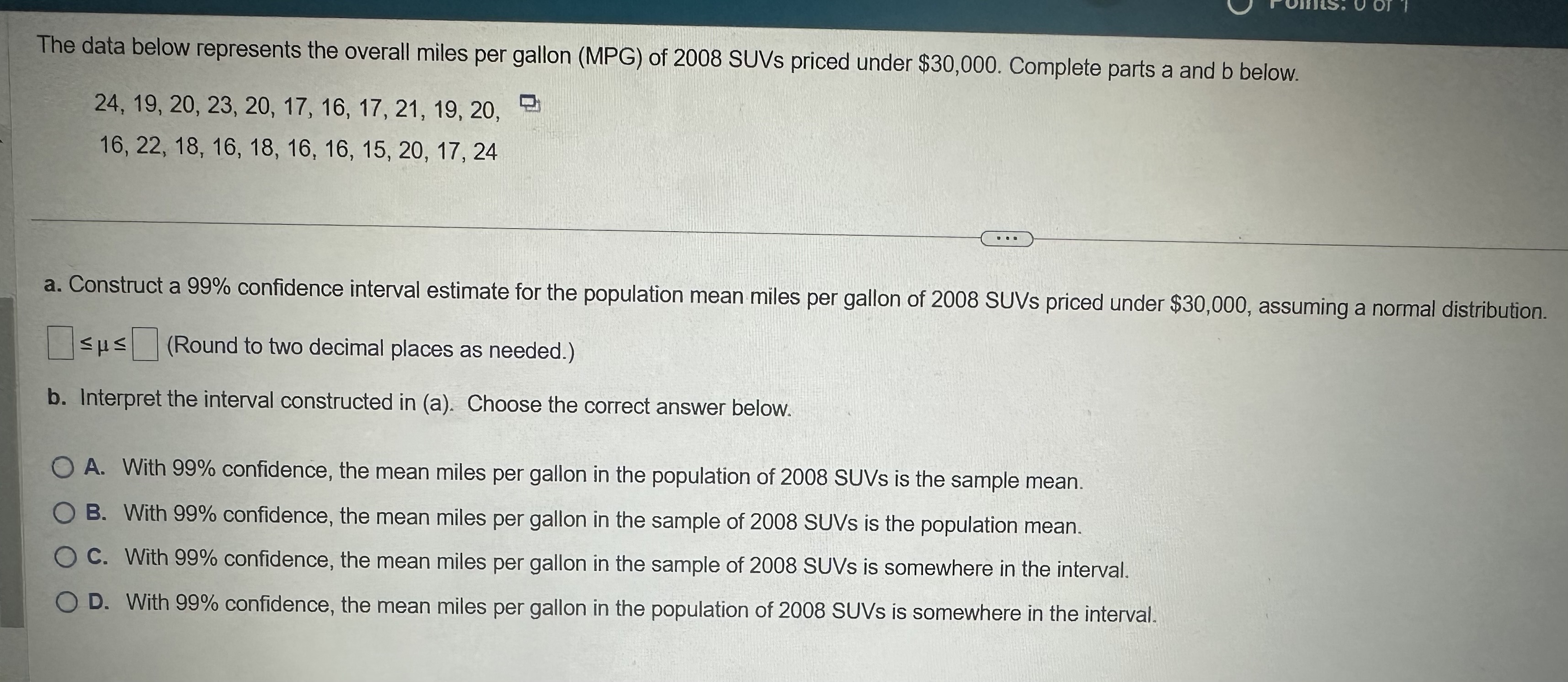 Solved The data below represents the overall miles per | Chegg.com