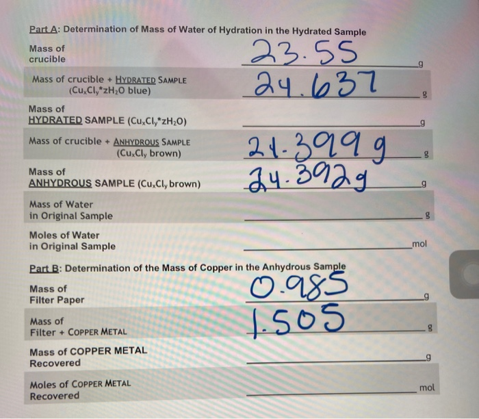 Solved Part A: Determination of Mass of Water of Hydration | Chegg.com