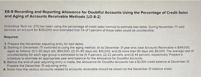 Solved E8-8 Recording and Reporting Allowance for Doubtful | Chegg.com