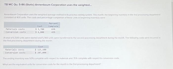 Solved TB MC Qu. 5-86 (Static) Annenbaum Corporation uses | Chegg.com Solved TB MC Qu. 5-86 (Static) Annenbaum Corporation uses | Chegg.com
