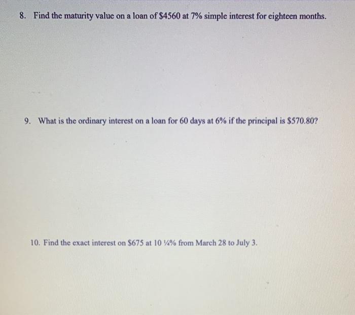 Solved Name: BA111 Business Math - Simple Interest Classwork | Chegg.com