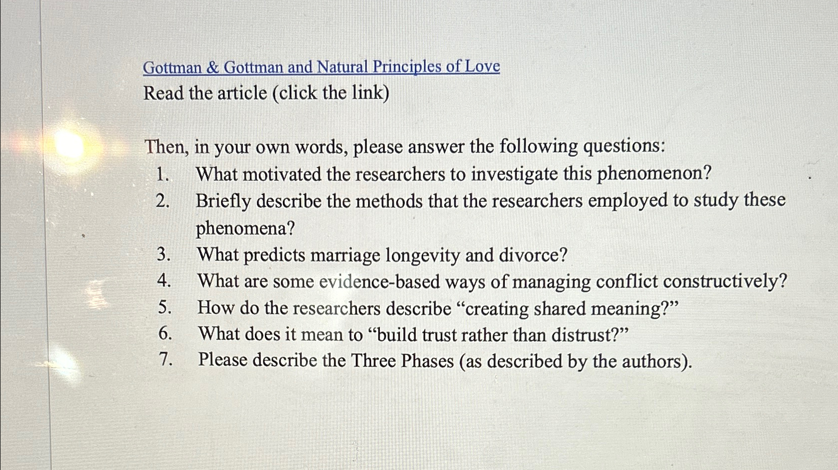 Solved Gottman & Gottman and Natural Principles of LoveRead | Chegg.com