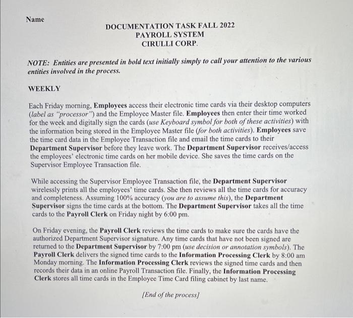 Name DOCUMENTATION TASK FALL 2022 PAYROLL SYSTEM | Chegg.com