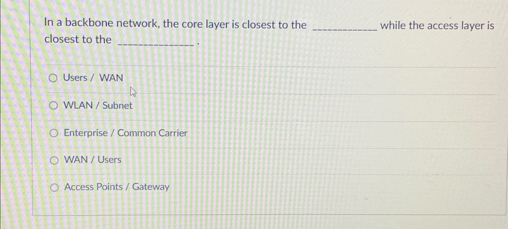 Solved In a backbone network, the core layer is closest to | Chegg.com