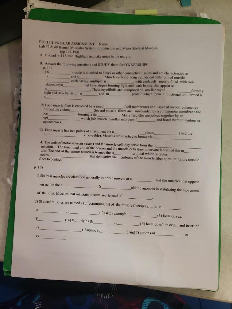 Solved BIO 111L PRE-LAB ASSIGNMENT Name Lab #7 & #8 Human | Chegg.com