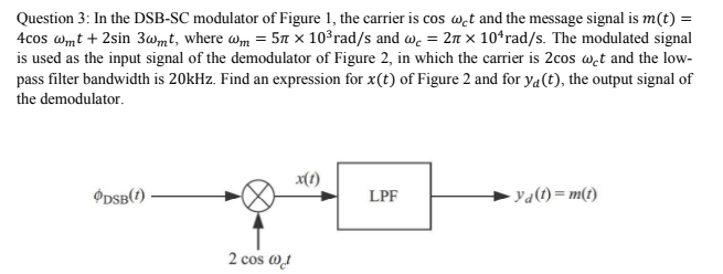 Solved Question 3: In the DSB-SC modulator of Figure , ﻿the | Chegg.com