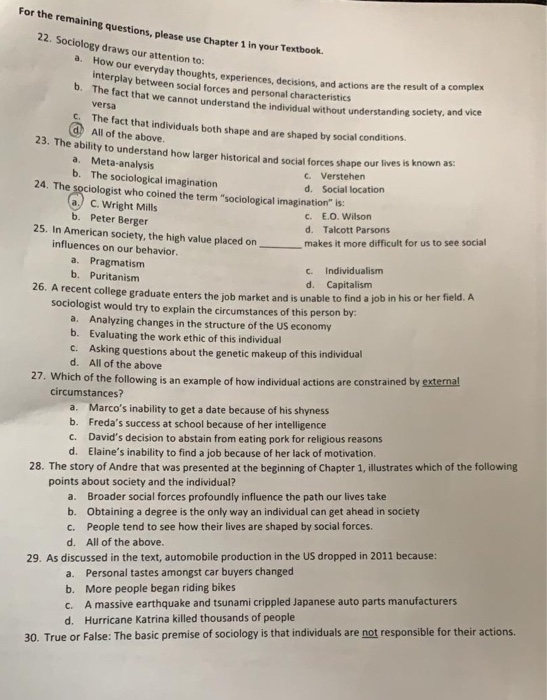 Solved For the remaining questions, please use Chapter 1 in | Chegg.com