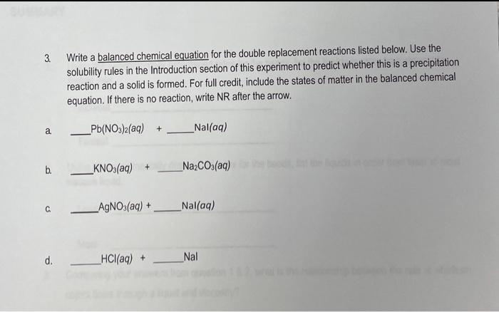 3. Write a balanced chemical equation for the double | Chegg.com