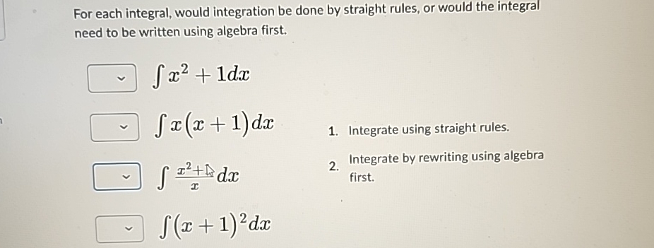 Solved For each integral, would integration be done by | Chegg.com