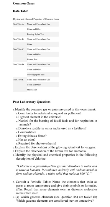 Solved Common Gases Sample Data Data Table Physical and | Chegg.com