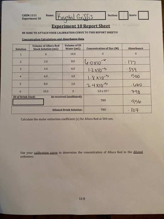 Name: Section: Score: CHEM 1111 Experiment 10 • | Chegg.com Name: Section: Score: CHEM 1111 Experiment 10 • | Chegg.com