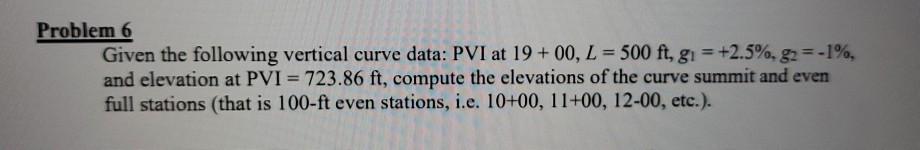Solved Problem 6 Given the following vertical curve data: | Chegg.com
