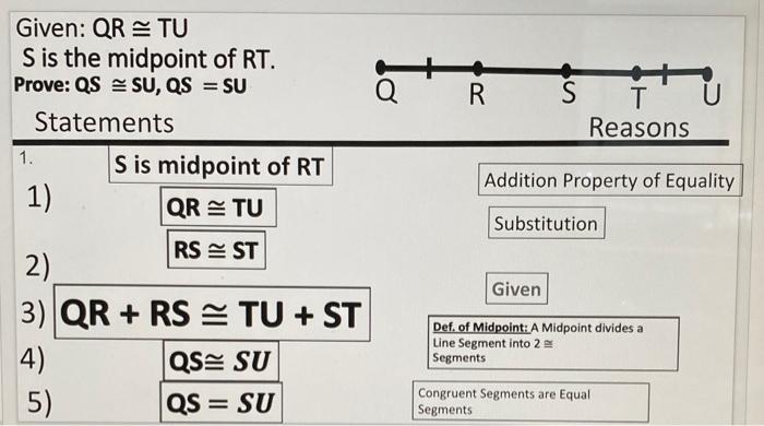 Solved R Given: QR #TU S is the midpoint of RT. Prove: QS = | Chegg.com