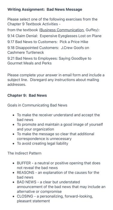 Writing Assignment: Bad News Message Please select | Chegg.com