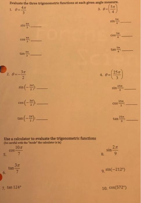 Solved Evaluate the three trigonometric functions at each | Chegg.com