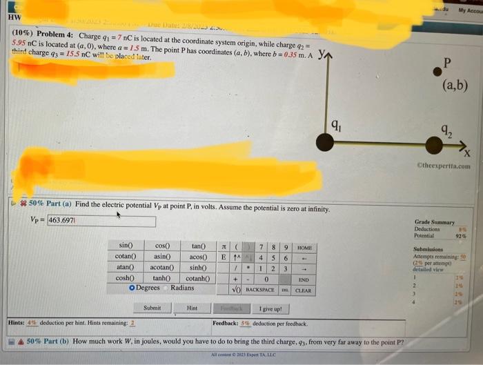 Solved (10\%) Problem 4: Charge q1=7nC is located at the | Chegg.com