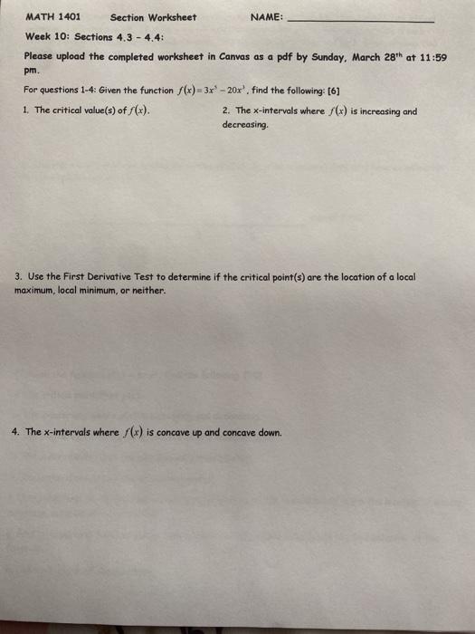 Solved MATH 1401 Section Worksheet NAME: Week 10: Sections | Chegg.com