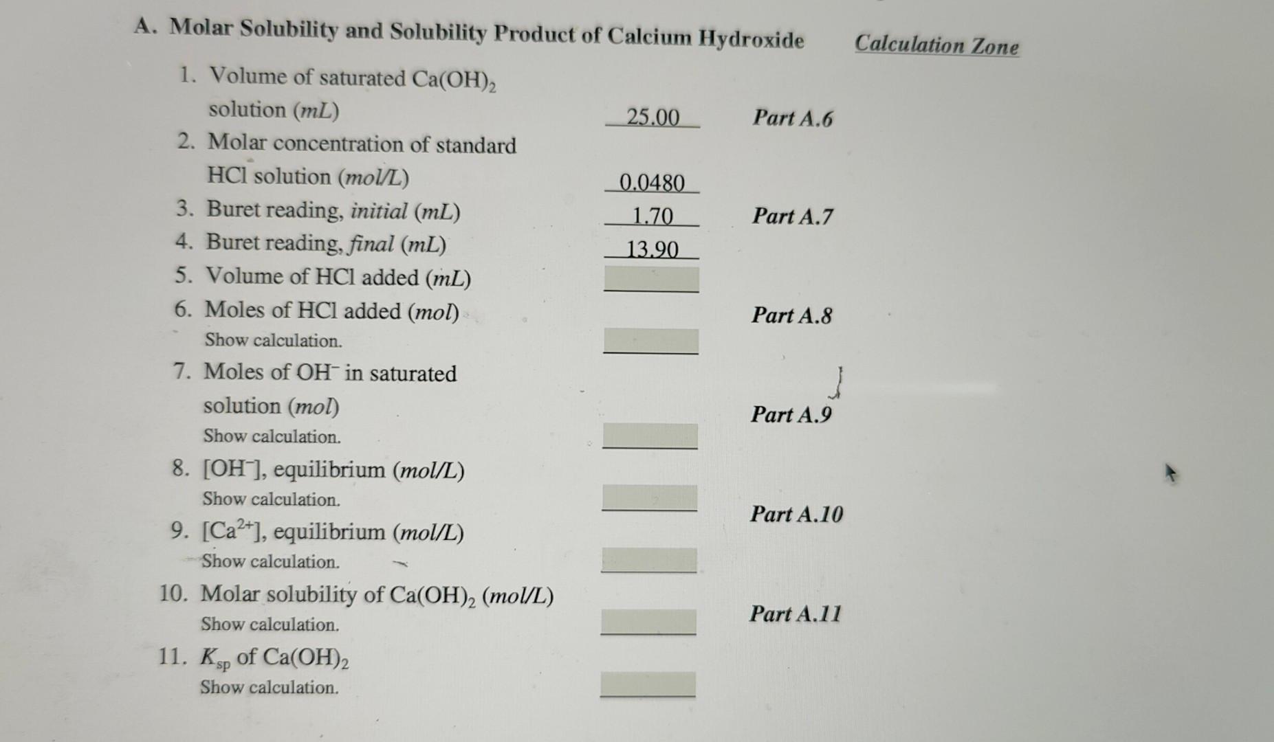 Solved A. Molar Solubility and Solubility Product of Calcium | Chegg.com
