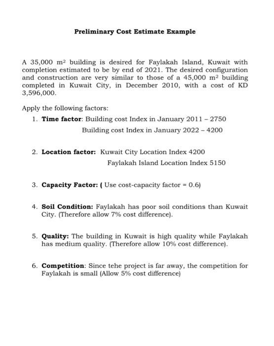 Solved Preliminary Cost Estimate Example A 35,000 m2 | Chegg.com