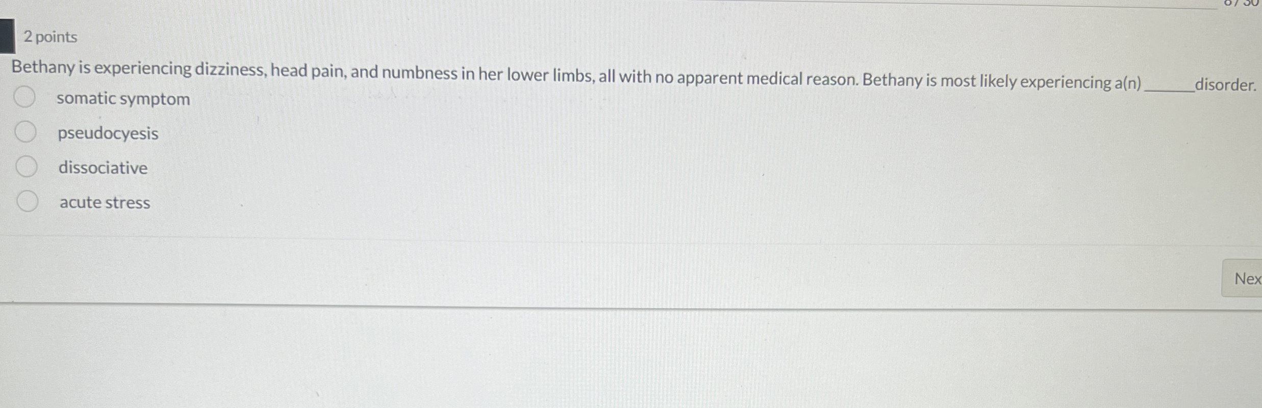 Solved 2 ﻿pointsBethany is experiencing dizziness, head | Chegg.com