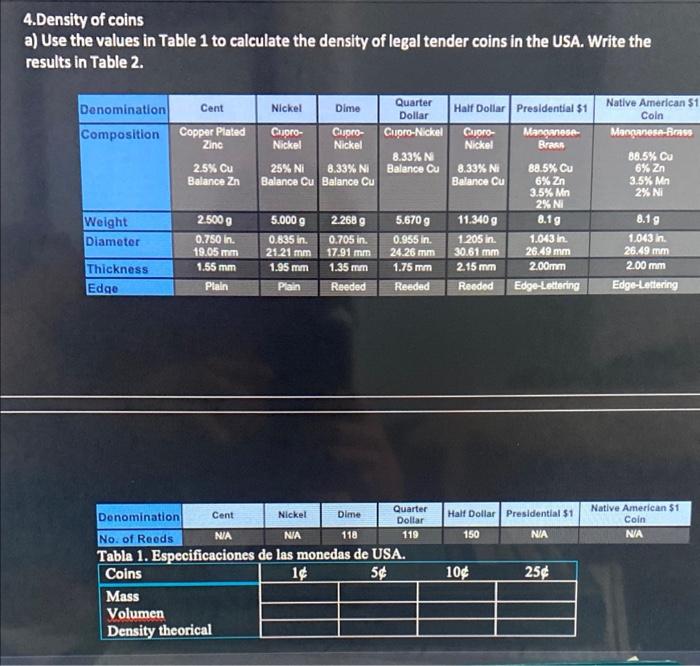 4.Density of coins a) Use the values in Table 1 to | Chegg.com