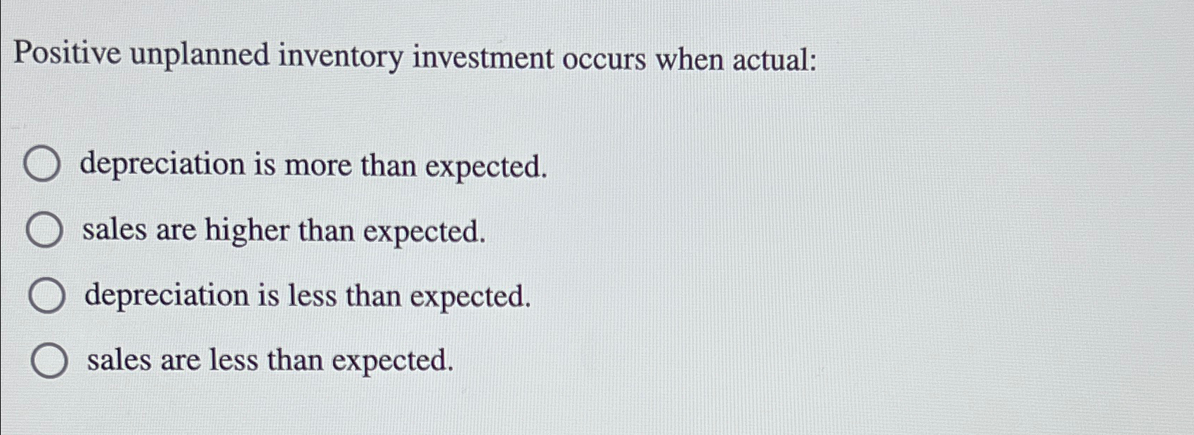 Solved Positive unplanned inventory investment occurs when | Chegg.com