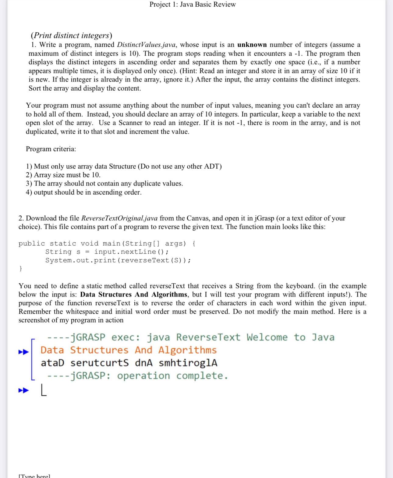 Solved Project 1: Java Basic Review(Print distinct | Chegg.com
