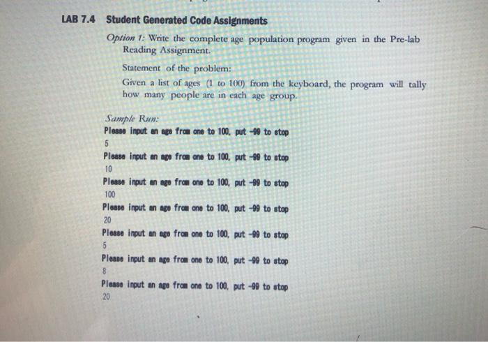 Solved LAB 7.4 Student Generated Code Assignments Option 1: | Chegg.com