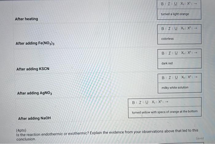 Solved Fe+ (aq) + SCN (aq) → FeSCN2+ (aq) (2pts) Based on | Chegg.com