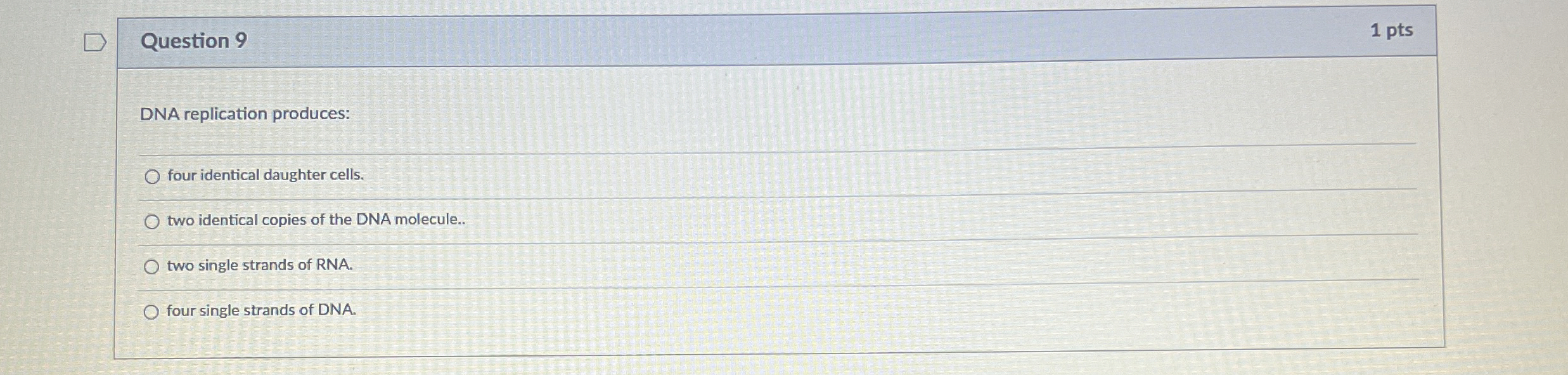 Solved Question 91 ﻿ptsDNA replication produces:four | Chegg.com