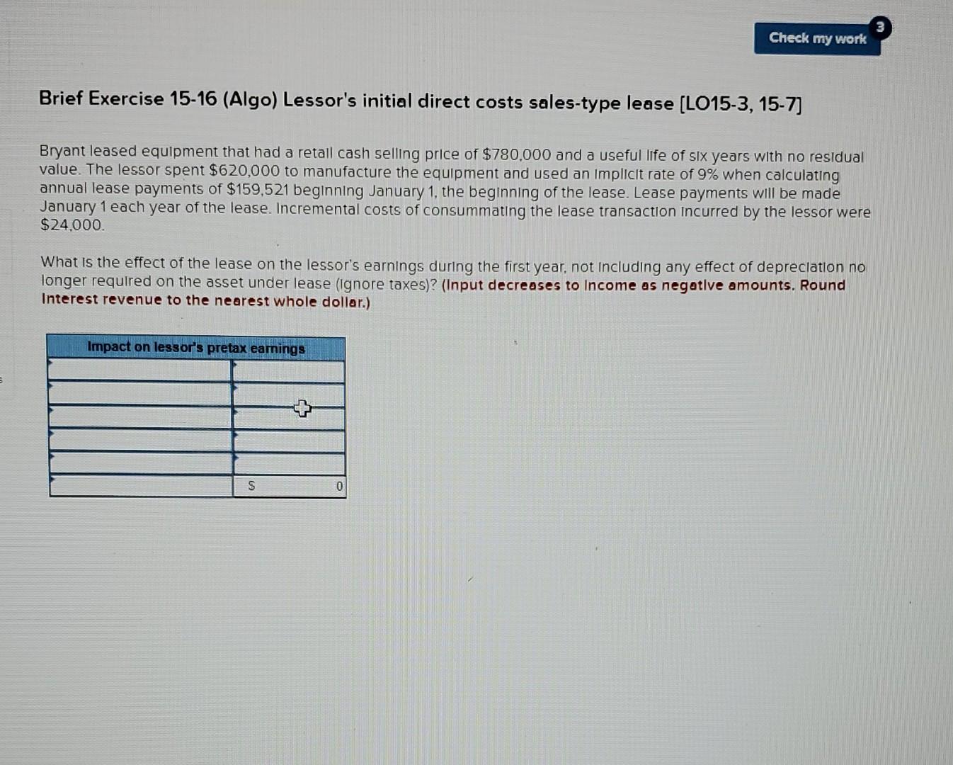 Solved Brief Exercise 15-16 (Algo) Lessor's initial direct | Chegg.com