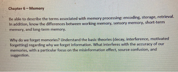 Solved Chapter 6 - Memory Be able to describe the terms | Chegg.com