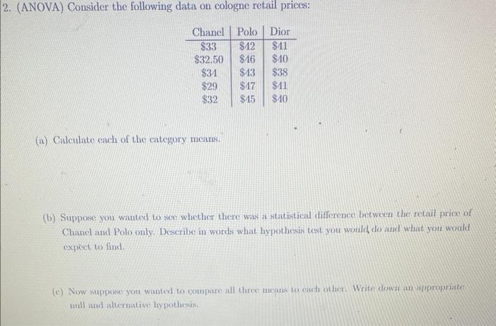 Solved 2. (ANOVA) Consider the following data on cologne | Chegg.com