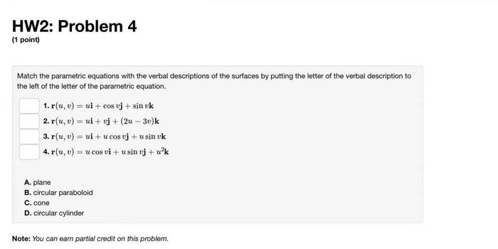 Solved HW2: Problem 4 (1 point) Match the parametric | Chegg.com