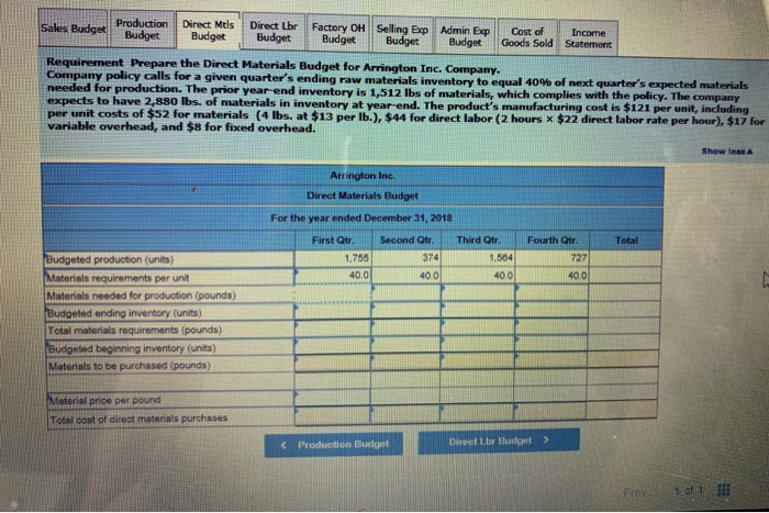 Solved Prepare the Direct Materials Budget for Arrington | Chegg.com
