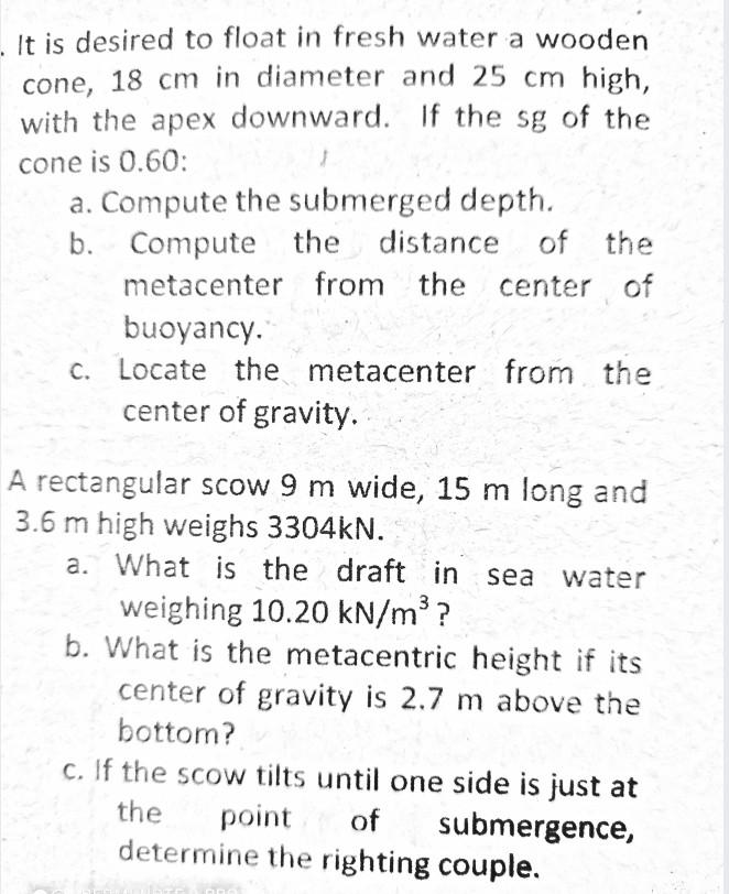 Solved . It is desired to float in fresh water a wooden | Chegg.com
